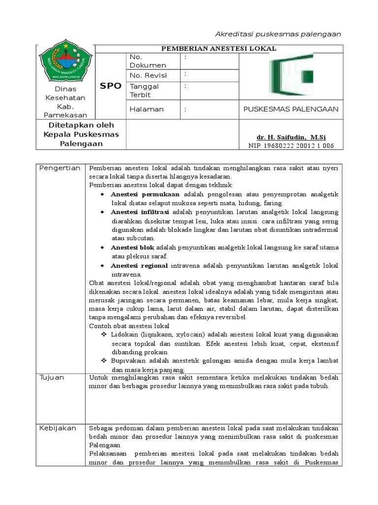 SOP Pemberian Anastesi Lokal Dan Sedasi Di Puskesmas | PDF | Sains ...