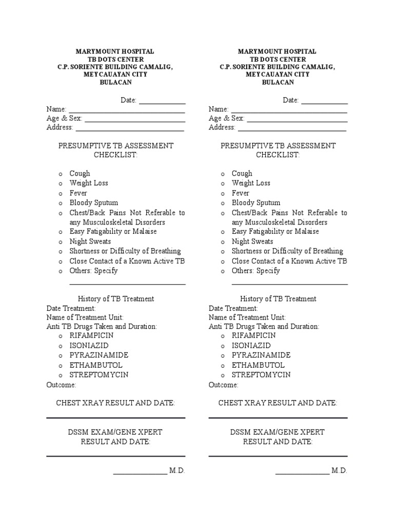 Physician Checklist Assessment | PDF | Tuberculosis | Rtt