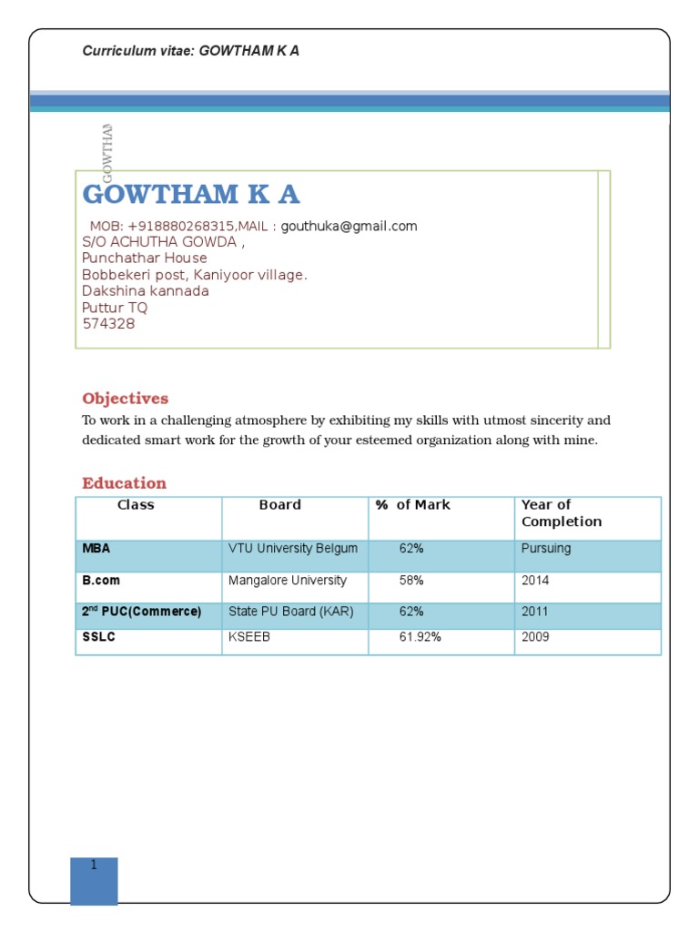 Gowtham K A: Objectives | PDF