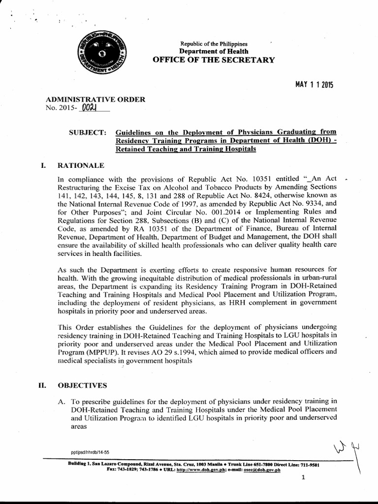 Ao - 2015-0021 - Guidelines On Physicians Graduating From Residency | PDF