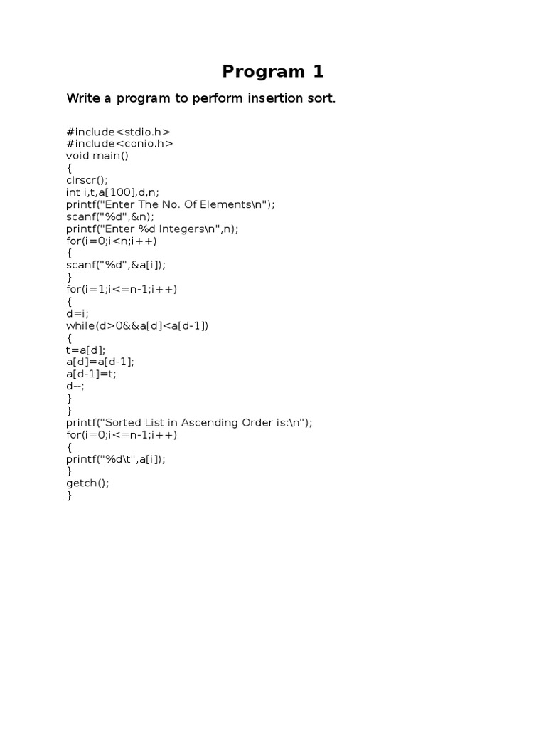Program 1: Write A Program To Perform Insertion Sort | Download Free PDF | Theoretical Computer ...