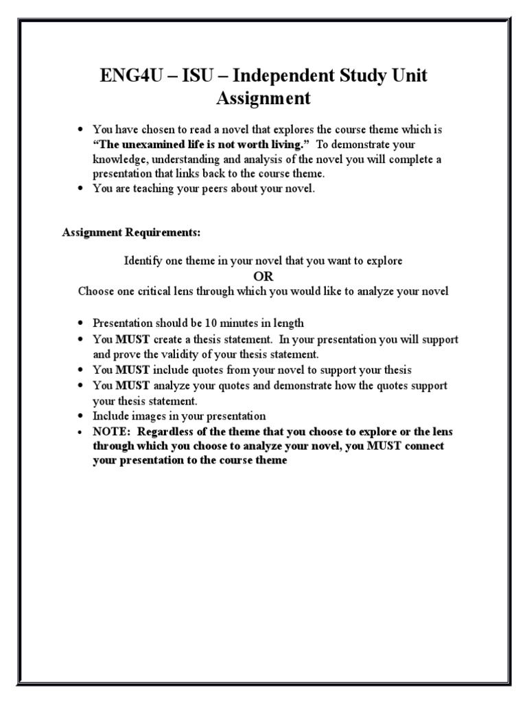 ENG4U - ISU - Independent Study Unit Assignment | PDF