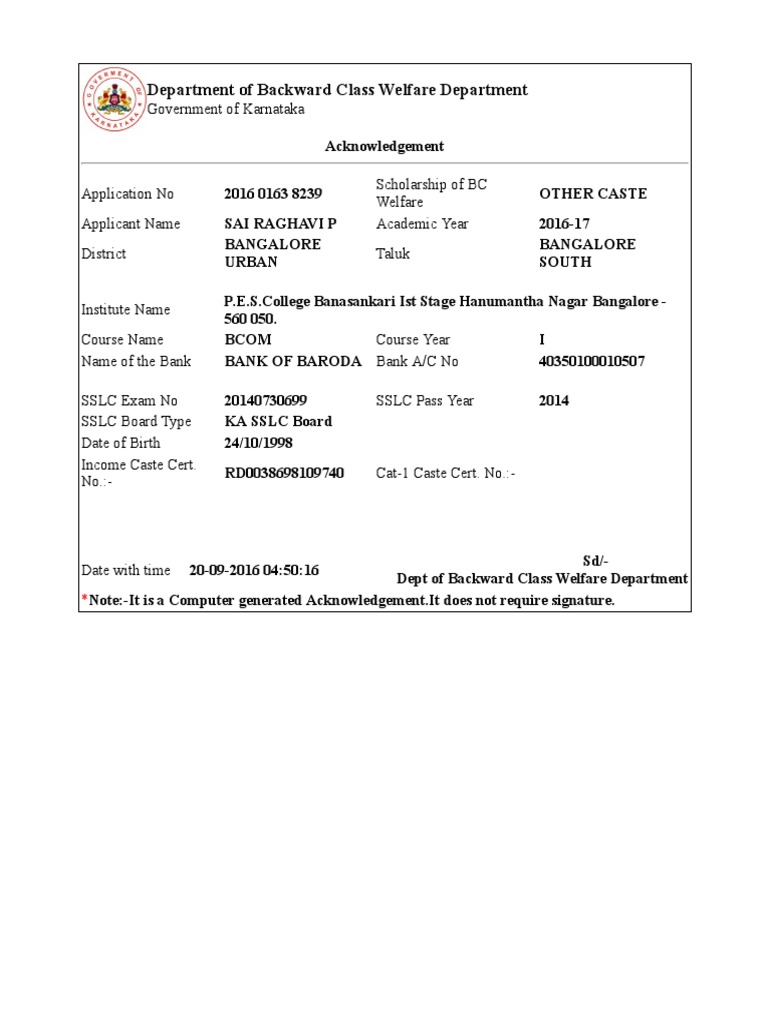 Department of Backward Class Welfare Department | PDF