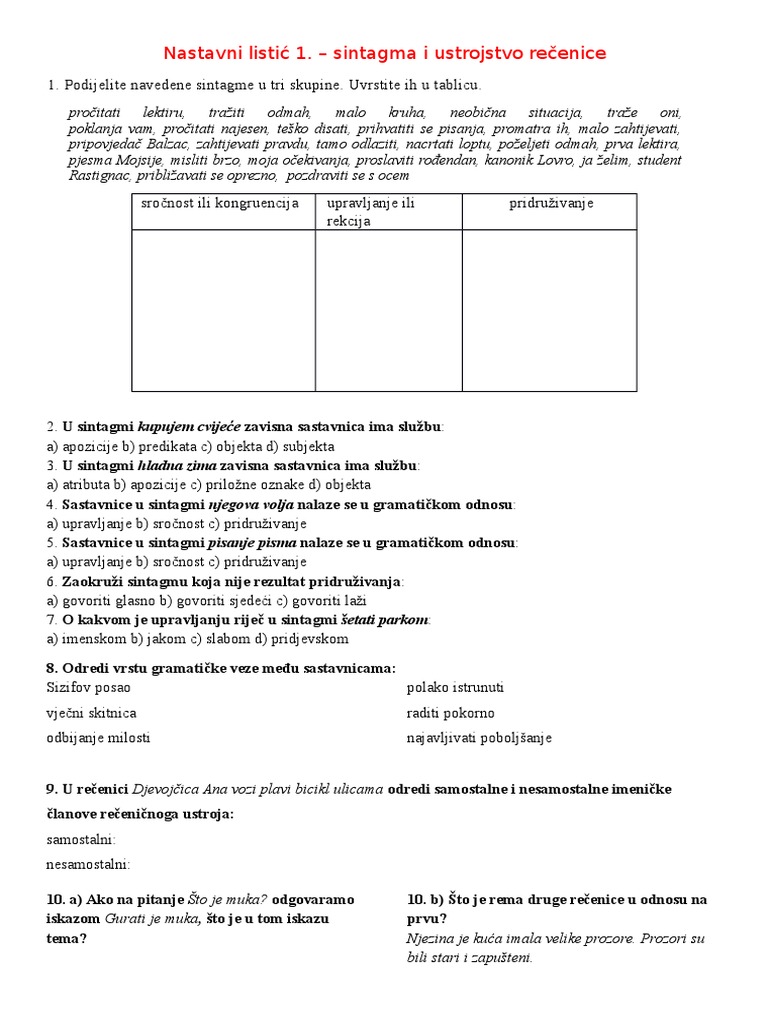 Nastavni Listić_sintagma i Ustrojstvo Rečenice | PDF