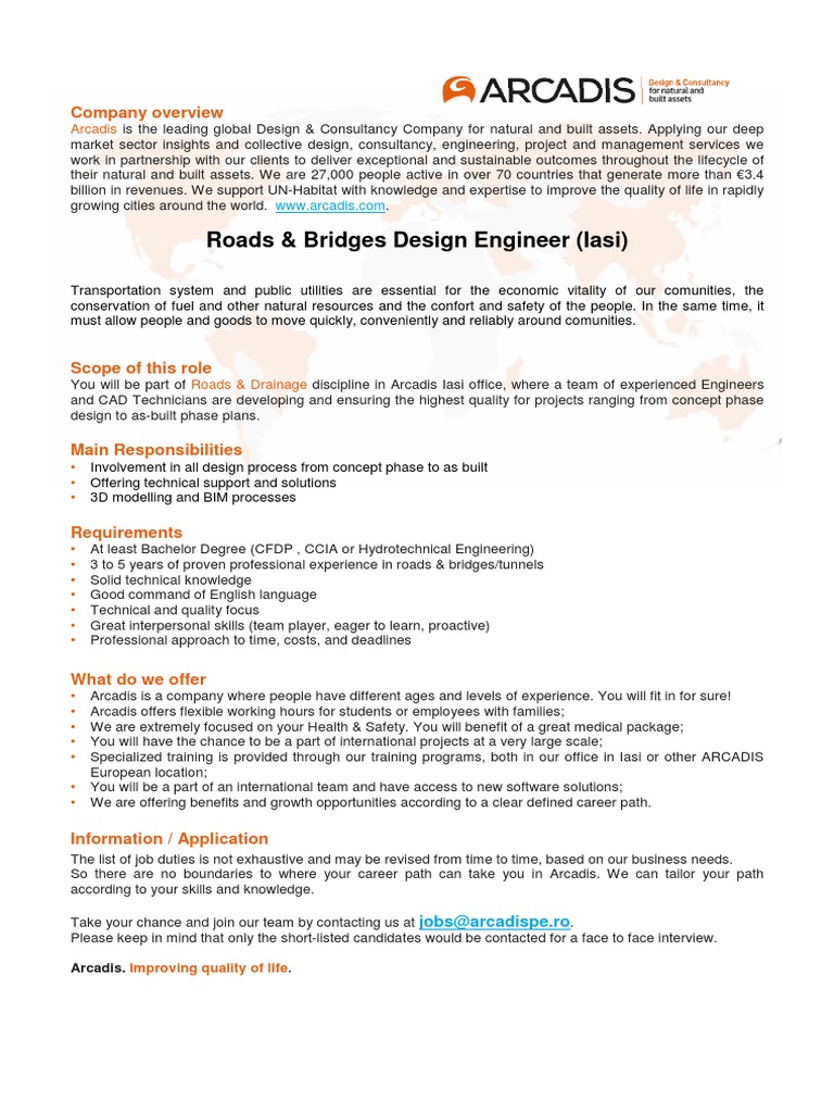 ARCADIS - Roads Bridges Design Engineer | PDF | Product Lifecycle ...