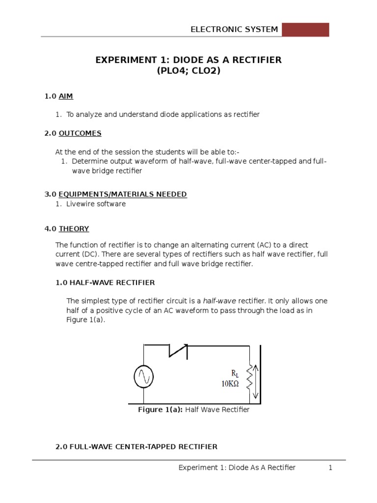EXPERIMENT 1 - Diode As Rectifier | PDF | Rectifier | Diode