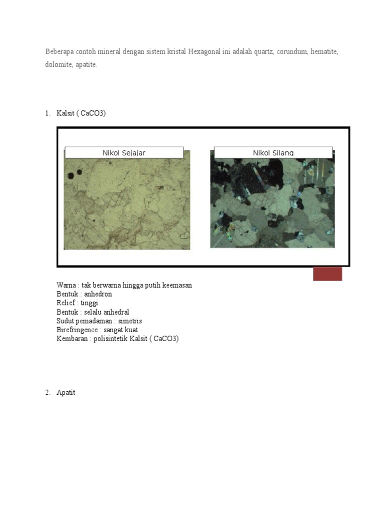 Beberapa Contoh Mineral Dengan Sistem Kristal Hexagonal | PDF
