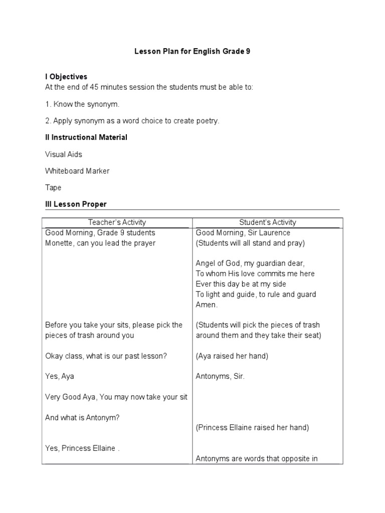 Lesson Plan For English Grade 9 | PDF