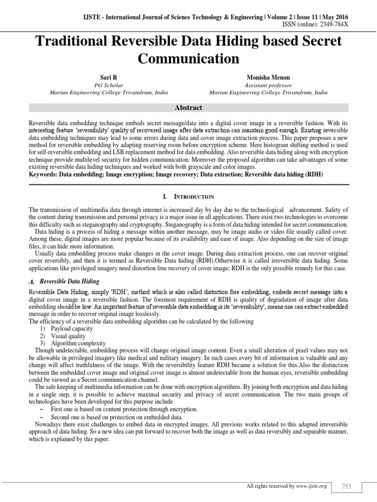 Traditional Reversible Data Hiding Based Secret Communication Pdf