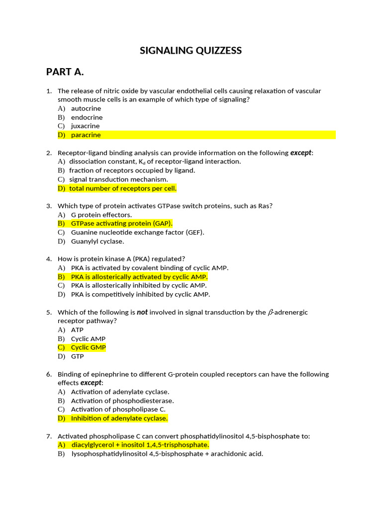 SIGNALING QUIZZES: CELL SIGNALING PATHWAYS | PDF | Signal Transduction ...