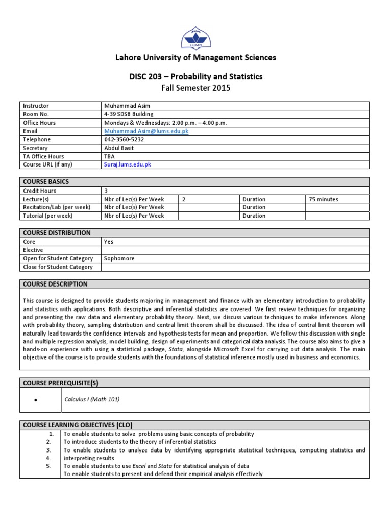 DISC 203-Probability and Statistics-Muhammad Asim PDF | PDF ...