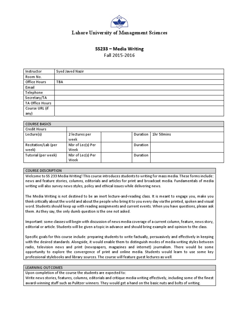 Media Writing Course Overview 2015-16 | PDF | News | Mass Media