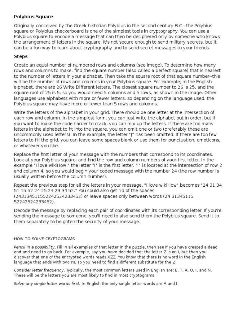 Polybius Square & Cryptogram | PDF | Cryptography | Alphabet