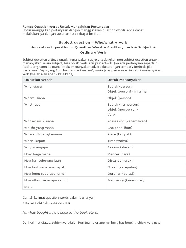 Rumus Question Words Untuk Mengajukan Pertanyaan | PDF | Seni ...