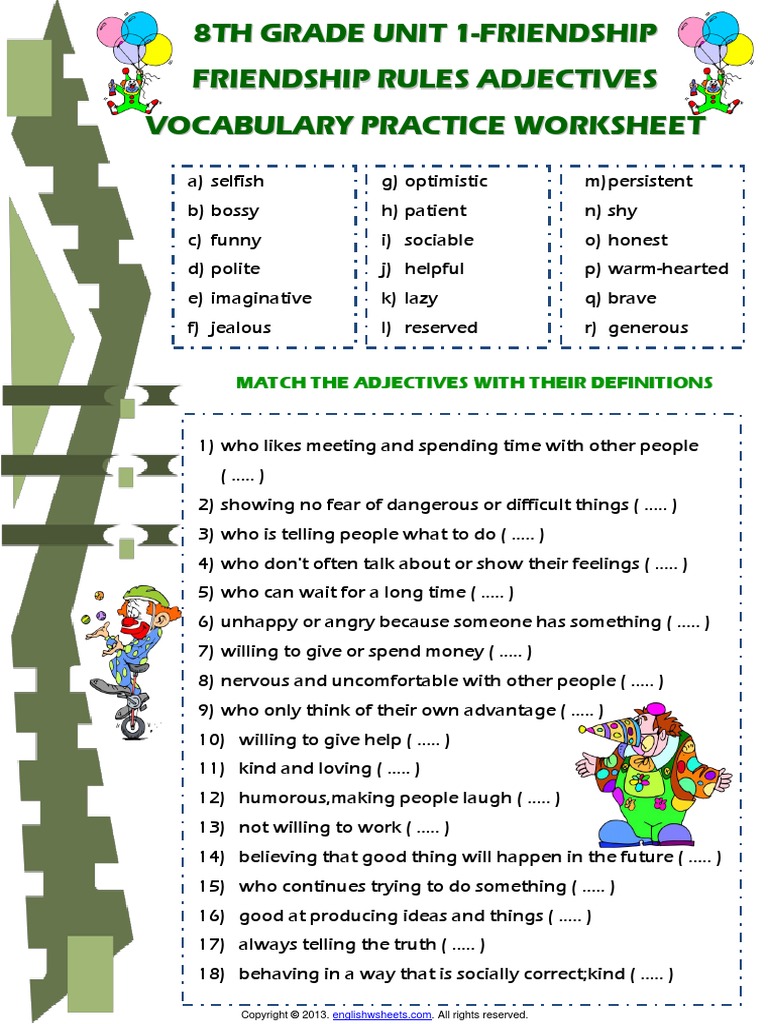 8th Grade Unit 1 Friendship Rules Vocabulary Adjectives Meanings ...