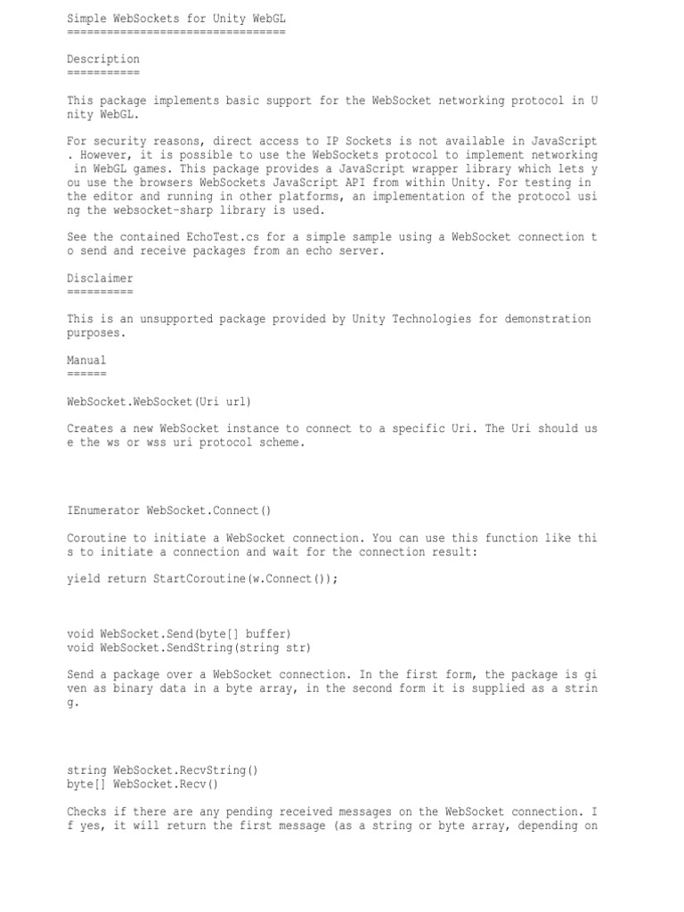 Simple WebSockets For Unity WebGL | PDF | Web Gl | String (Computer Science)