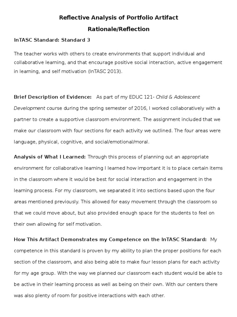 Artifact Rationale Reflection Format | PDF | Classroom | Motivation