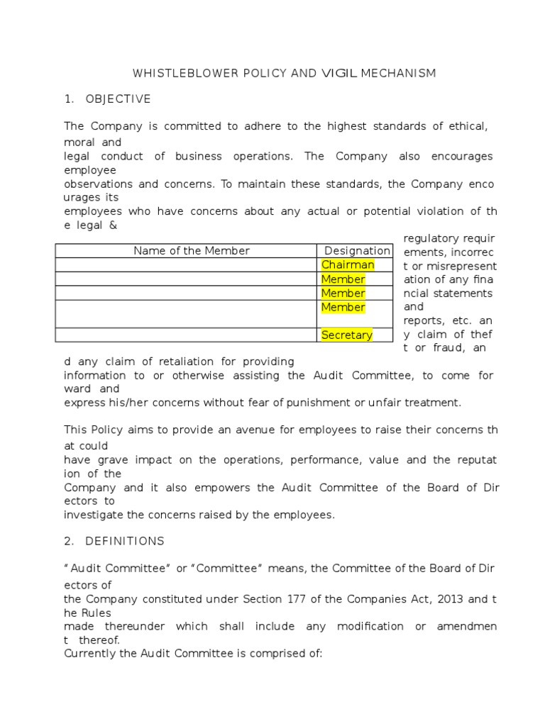 Sample Whistleblower Policy | PDF | Whistleblower | Audit Committee