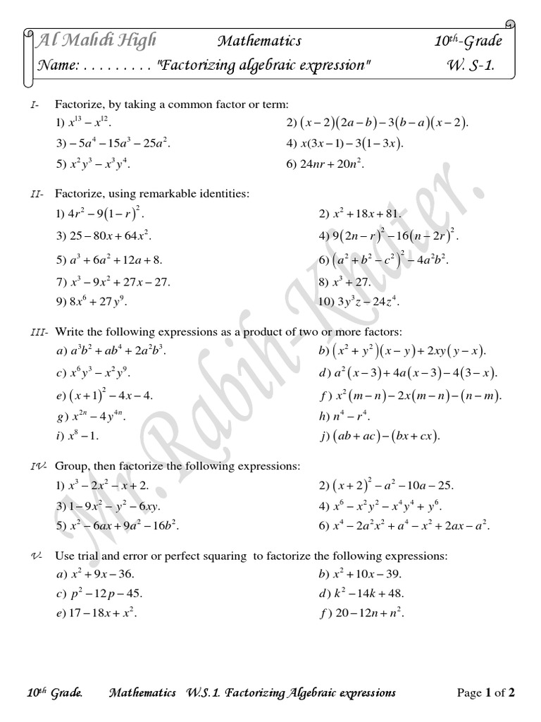 W s-1 Factorizing Algebraic Expressions | PDF