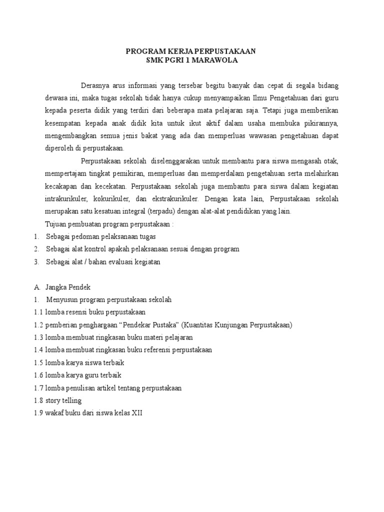 Program Kerja Perpustakaan Mts Plus (Contoh) | PDF