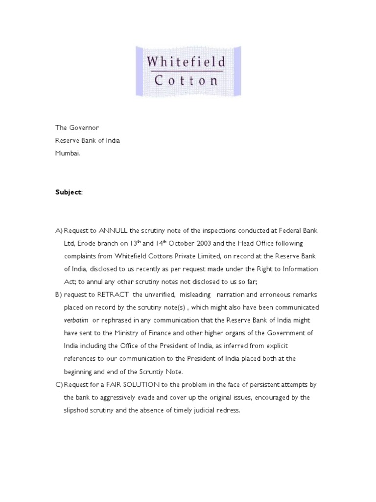 Letter To The Governor, Reserve Bank of India | PDF | Reserve Bank Of ...