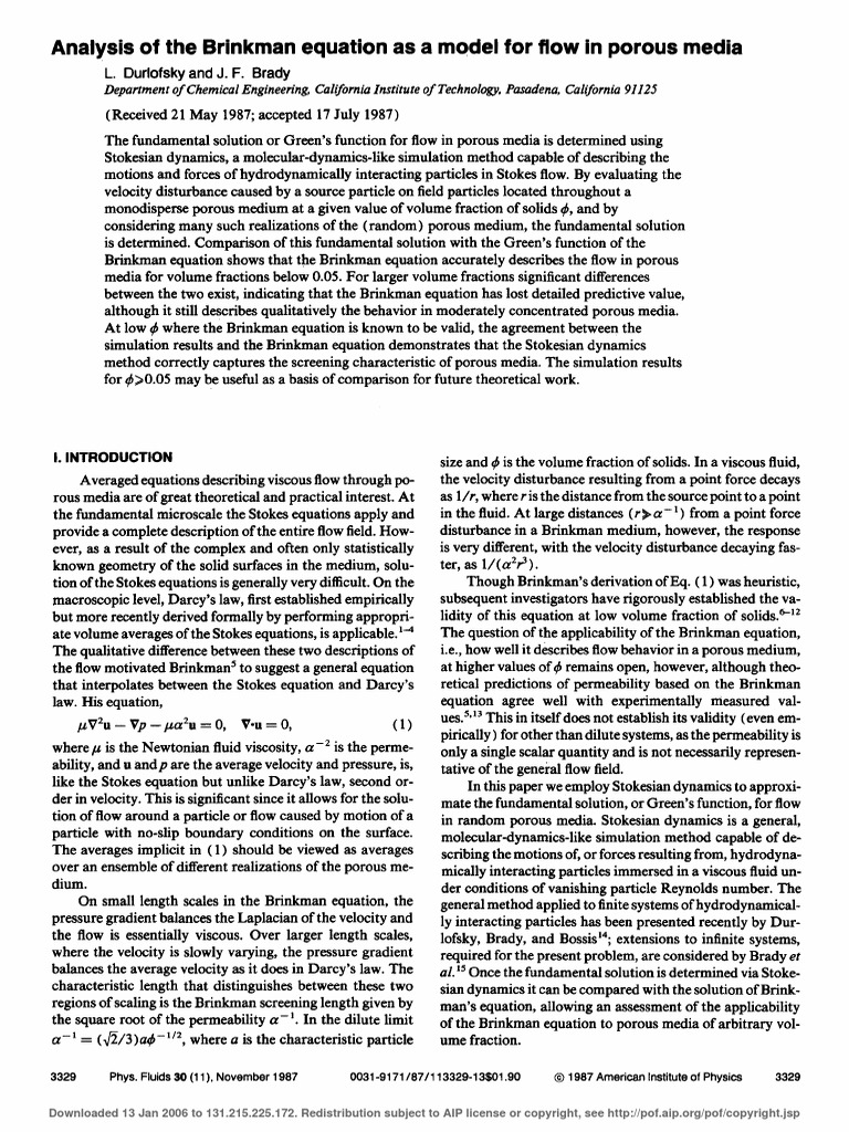Analysis of The Brinkman Equation As A Model For Flow in Porous Media ...