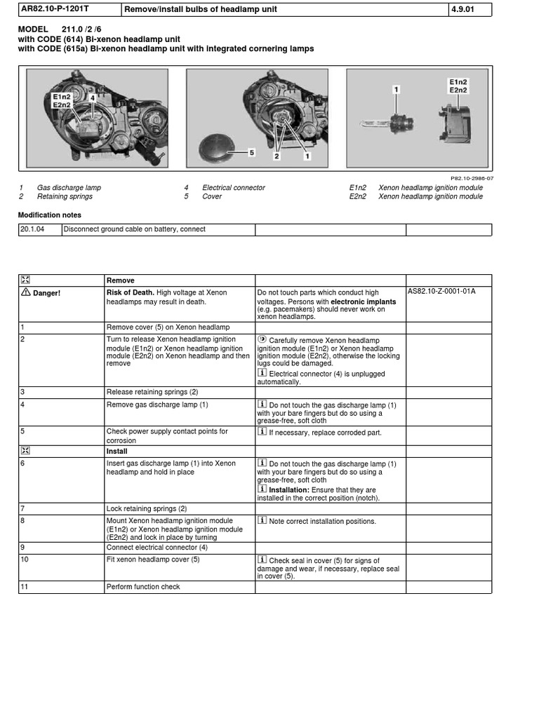 w211 Bi-Xenon Lamp Removal PDF | PDF