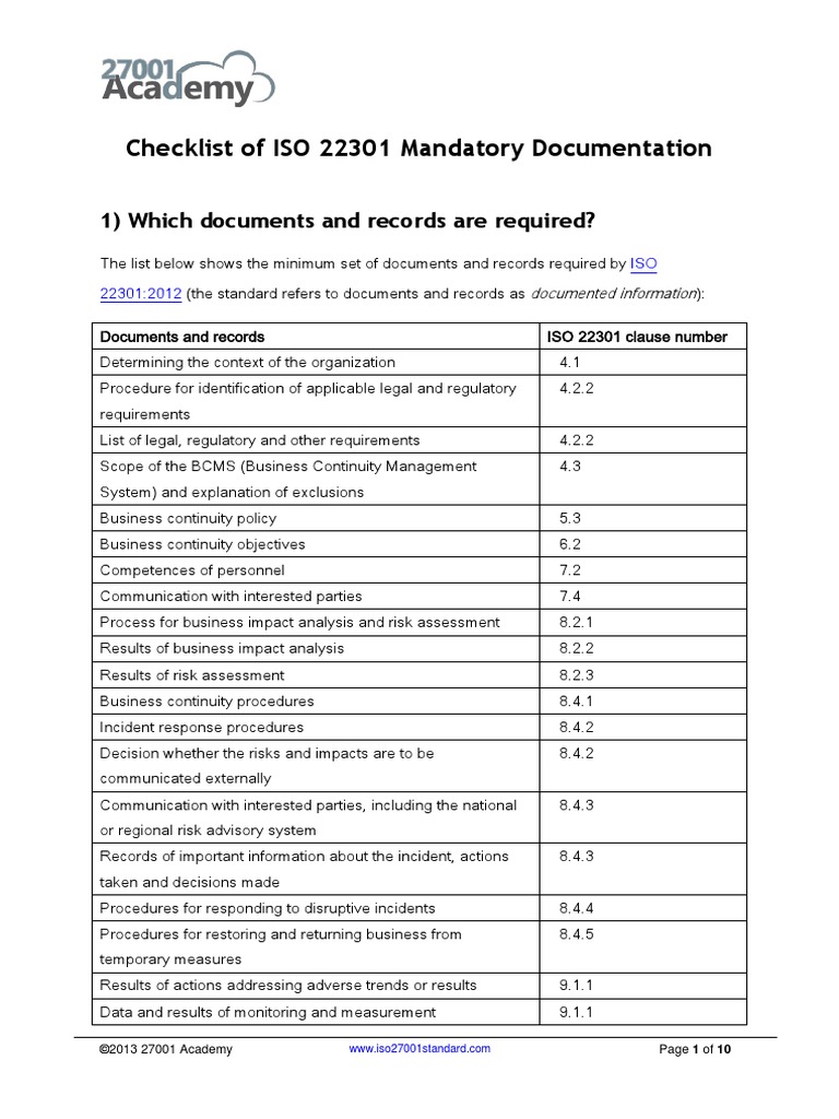 Checklist of ISO 22301 Mandatory Documentation | PDF | Business Continuity | Incident Management