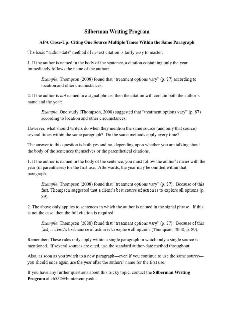 APA Close-Up: Citing One Source Multiple Times in The Same Paragraph | PDF