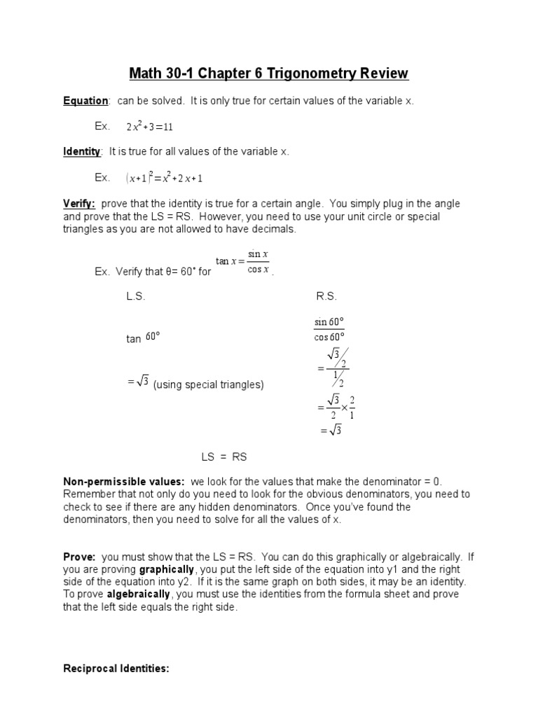 Math 30-1 Ch. 6 Review Notes | PDF | Trigonometric Functions | Sine