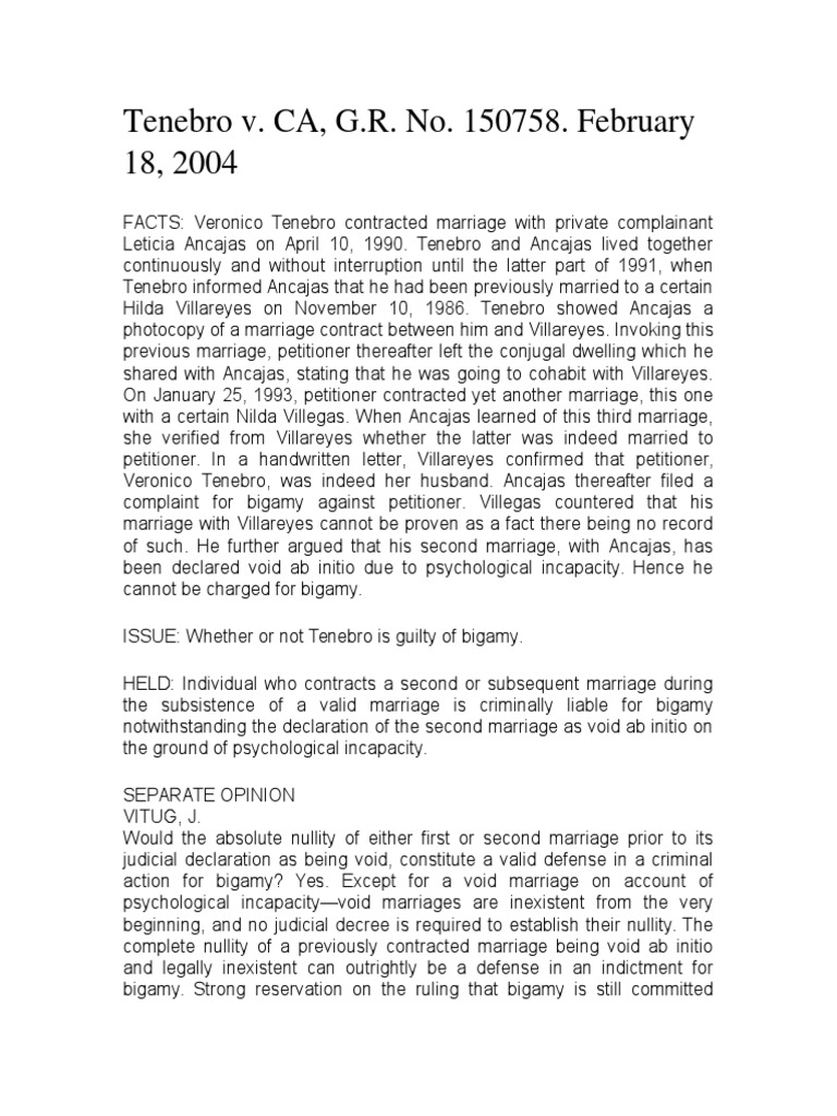 Tenebro v. CA: Bigamy Ruling Explained | PDF