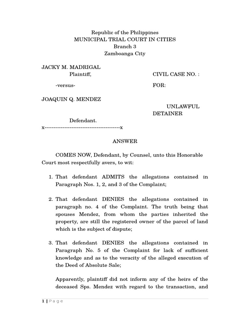 Answer Unlawful Detainer | PDF | Deed | Lawsuit