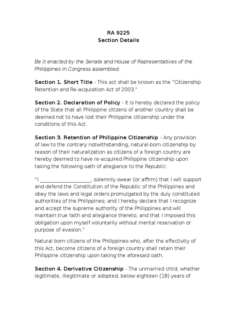 Ra 9225 | PDF | Oath Of Office | Naturalization
