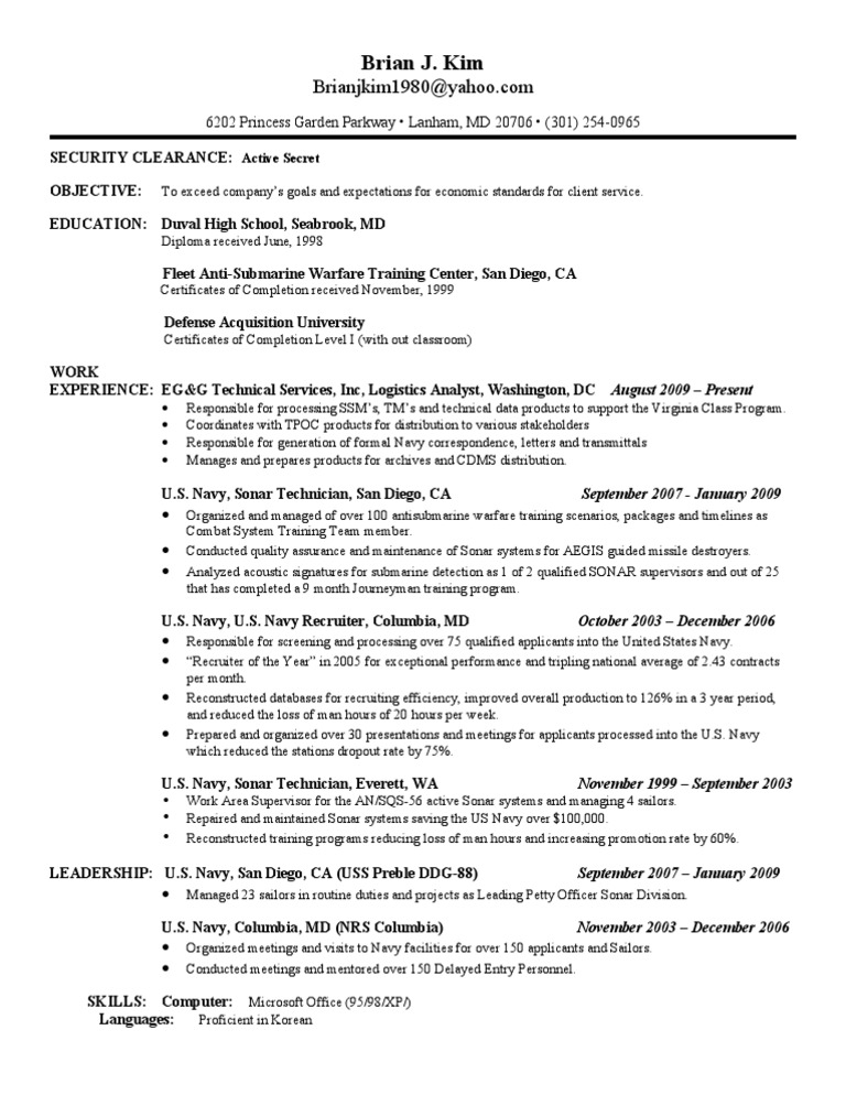 Resume of Brianjkim1980 | PDF | United States Navy | Sonar