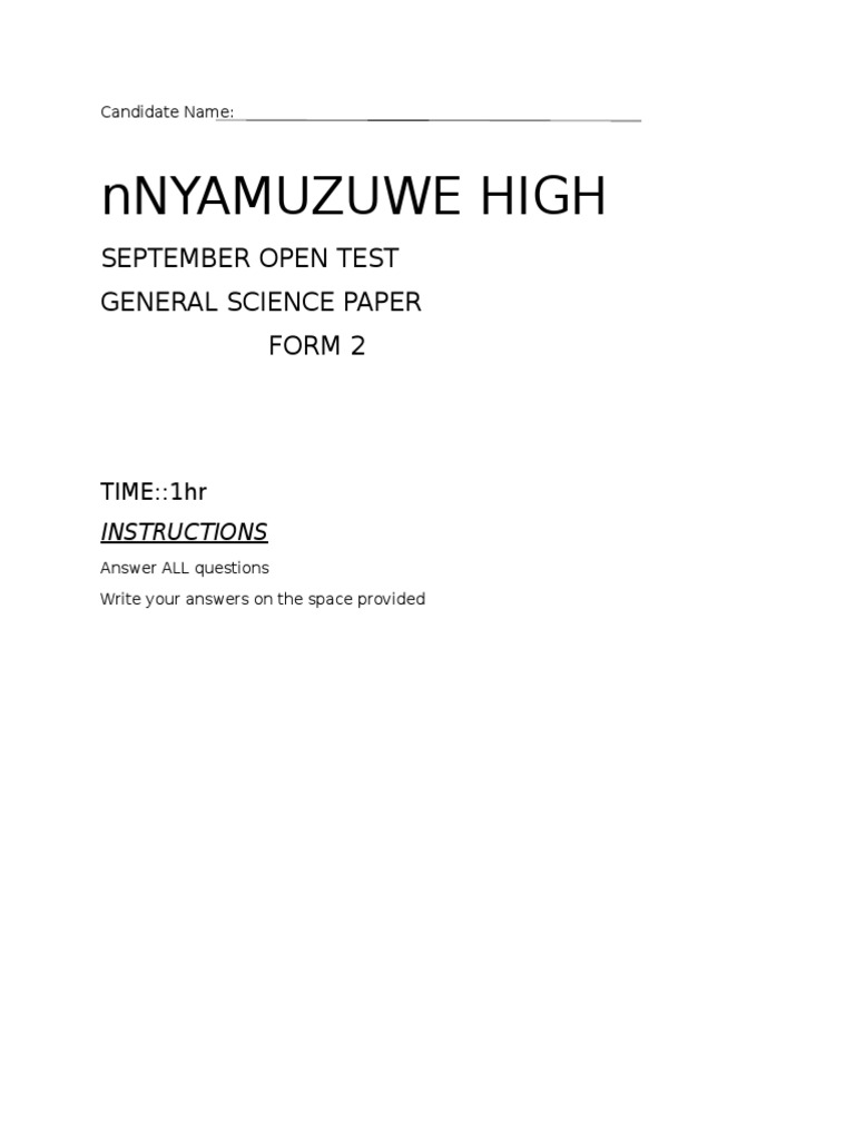 Nnyamuzuwe High: September Open Test General Science Paper Form 2 | PDF ...