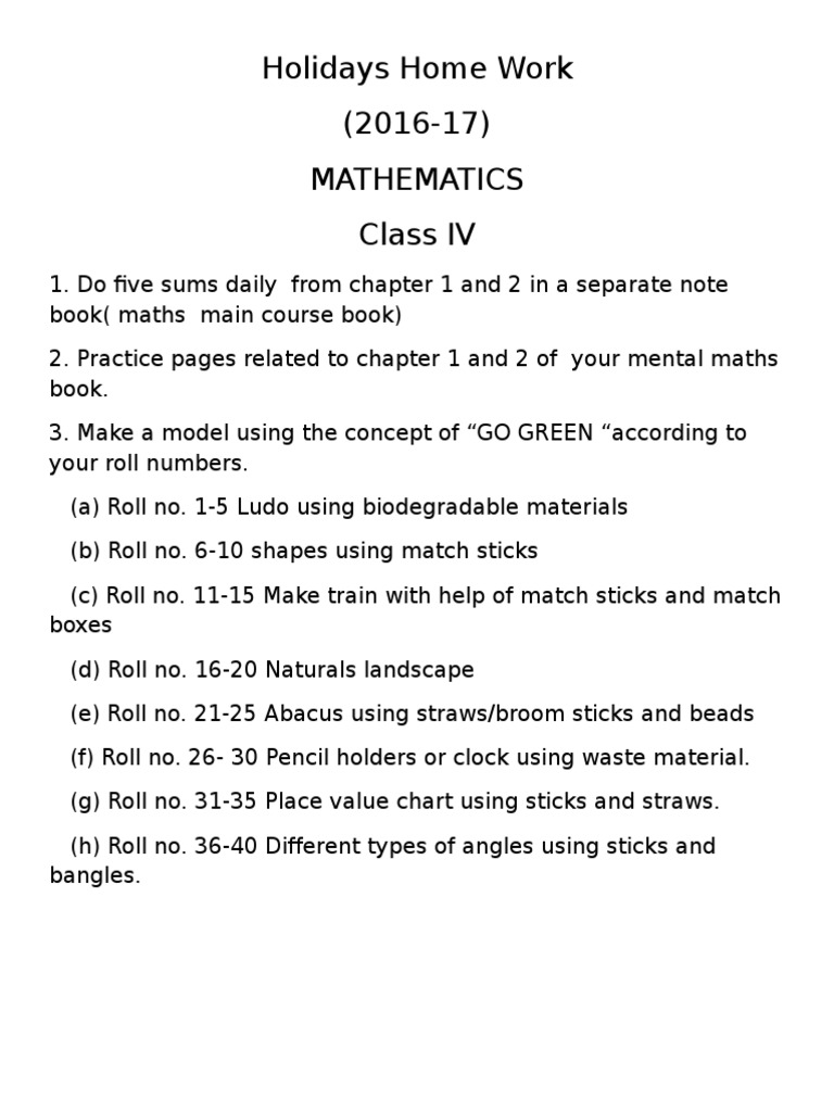 Class IV & V Maths Holiday Homework | PDF