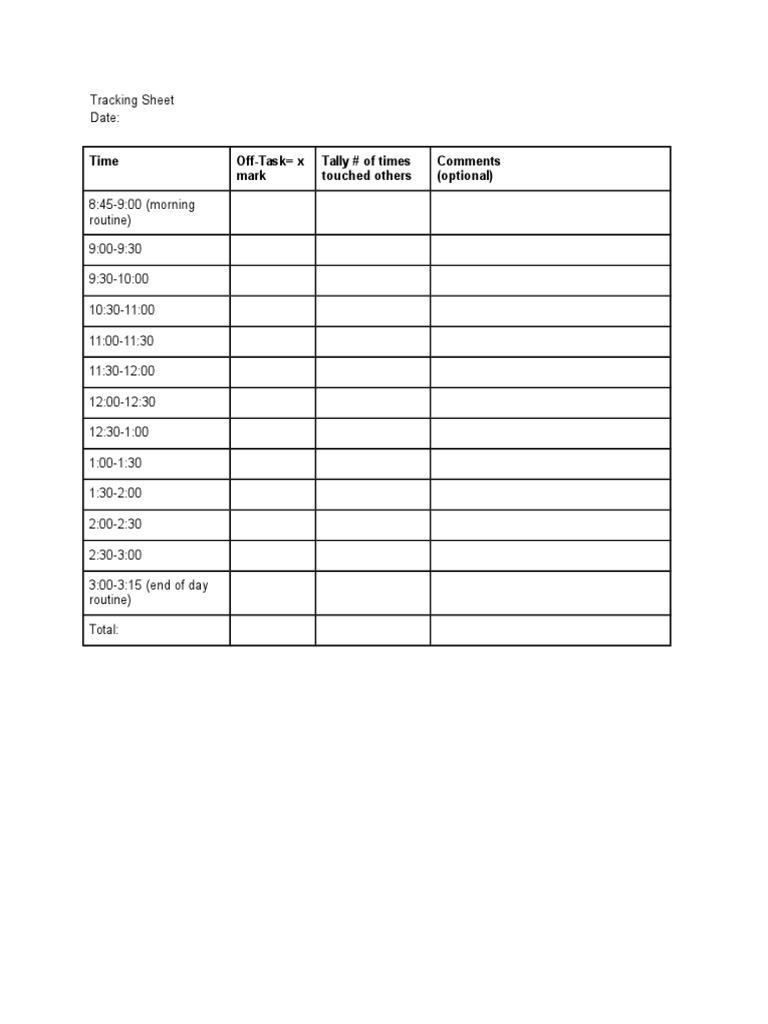 Time Off-Task X Mark Tally # of Times Touched Others Comments (Optional ...