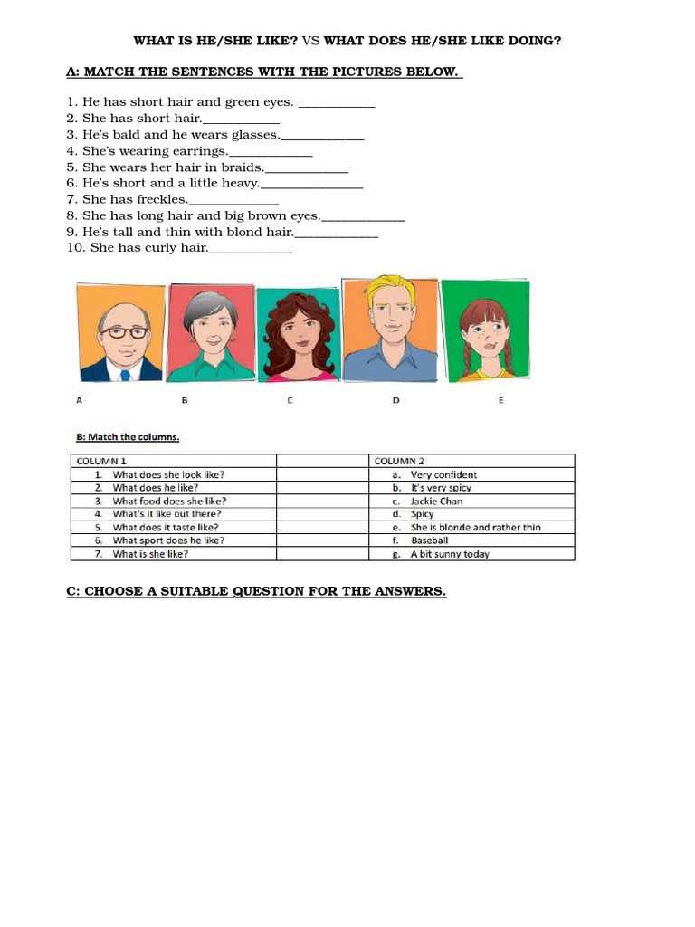 What Is He/She Like? Vs What Does He/She Like Doing? A: Match The ...