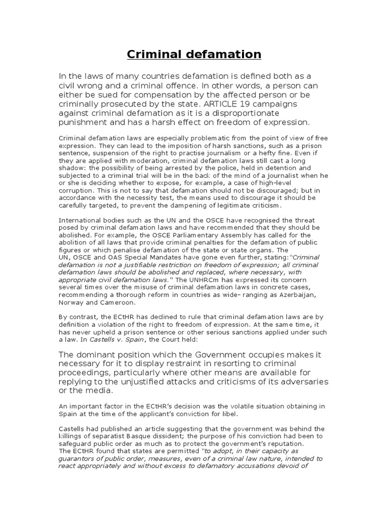 The Threat of Criminal Defamation Laws to Freedom of Expression and the ...