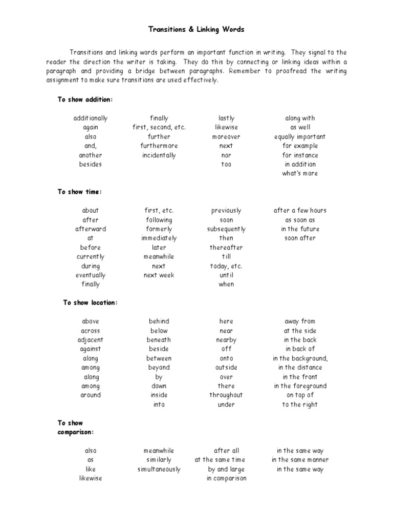 To Show Addition:: Transitions & Linking Words | PDF