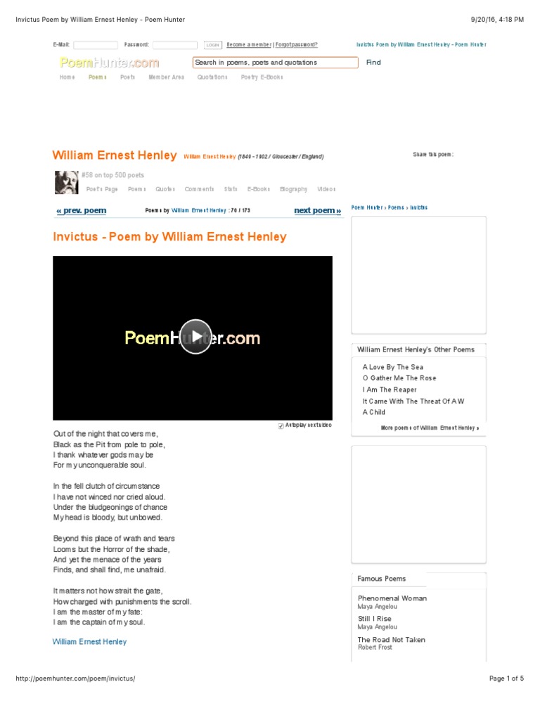 Invictus Poem by William Ernest Henley - Poem Hunter | PDF | Poetry