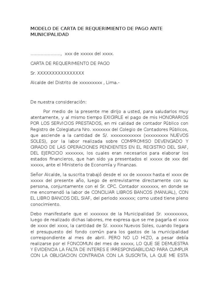Modelo de Carta de Requerimiento de Pago Ante Municipalidad | PDF
