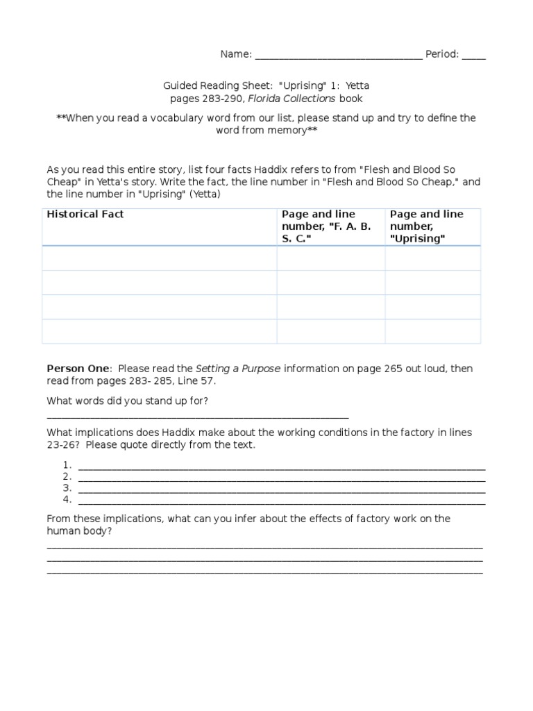 Guided Reading Sheet For Uprising 1 Yetta | PDF | Language Arts ...