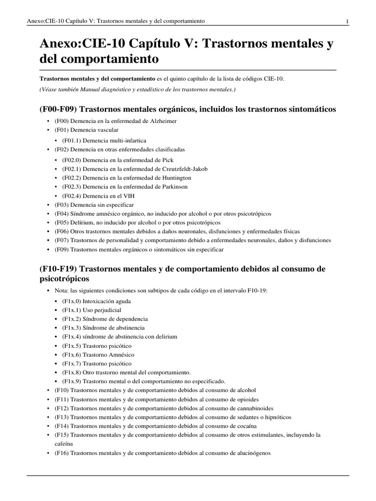 Anexo-CIE-10 Capítulo V - Trastornos Mentales y Del Comportamiento | PDF | Desorden bipolar ...