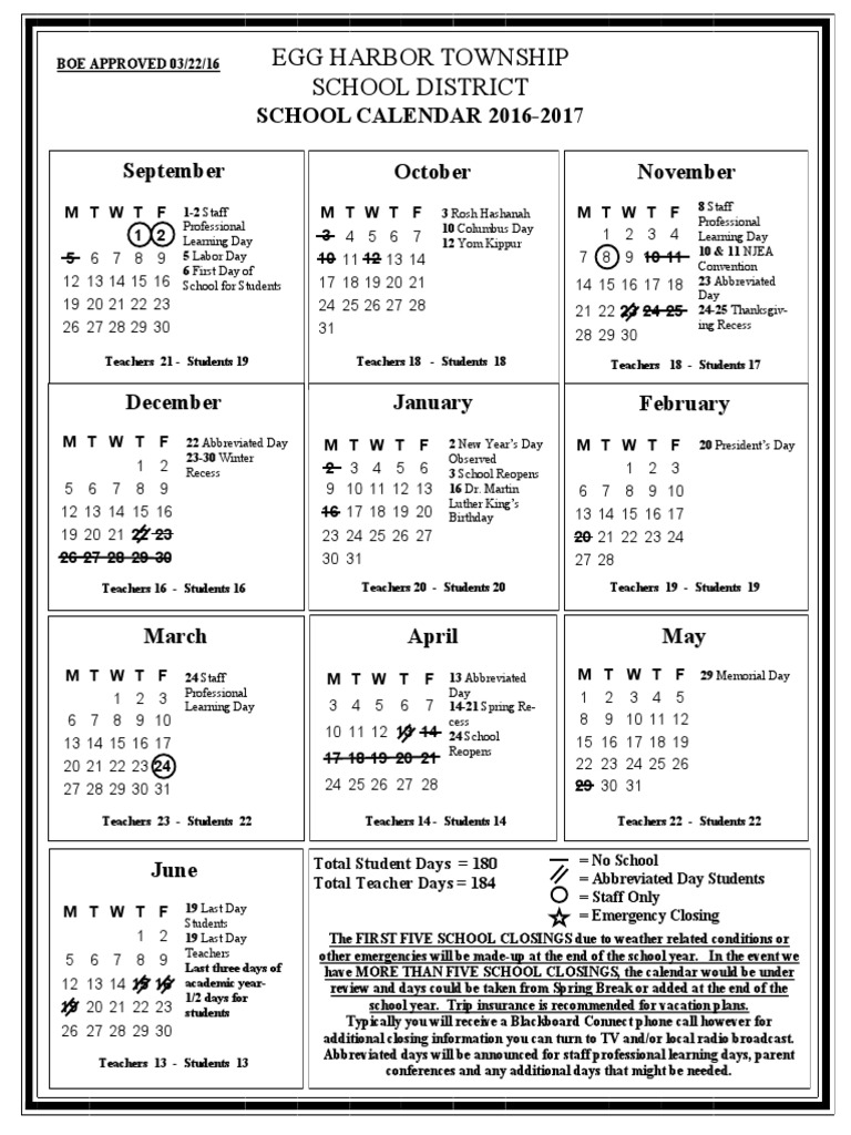 EHT School District Calendar 2016-17 | PDF
