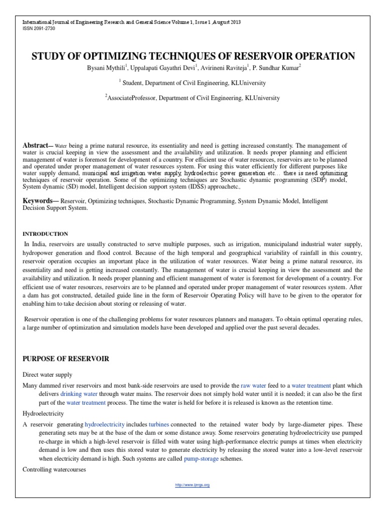 Study of Optimizing Techniques of Reservoir Operation | Download Free ...