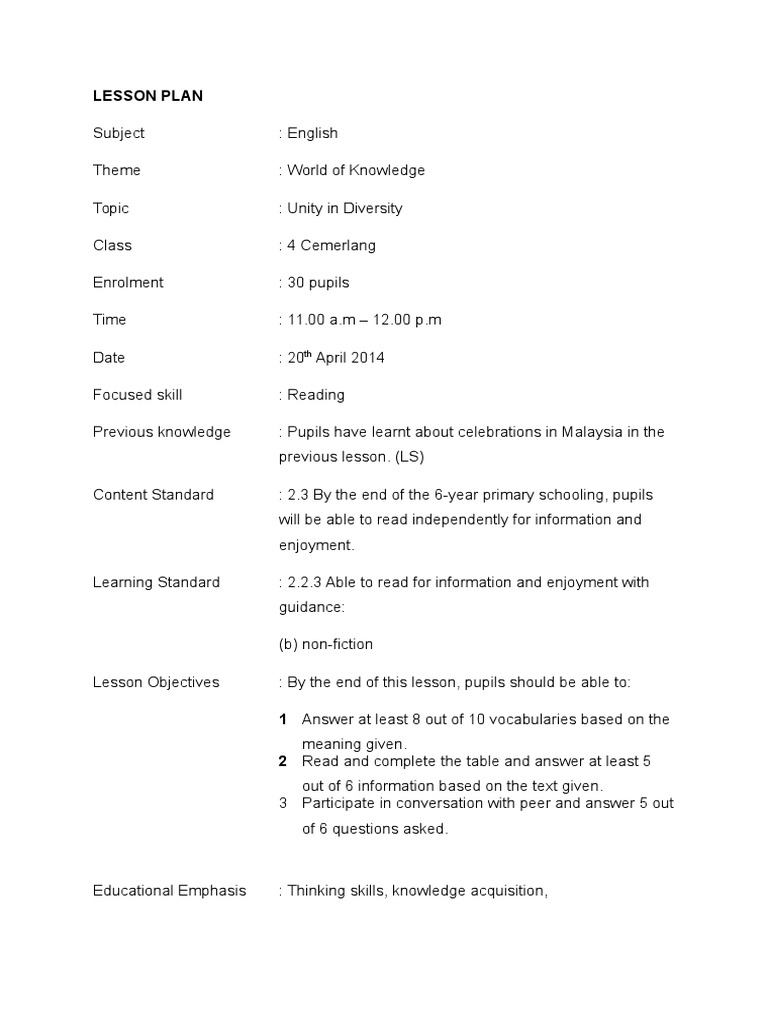Example RPH KSSR | PDF | Lesson Plan | Teaching