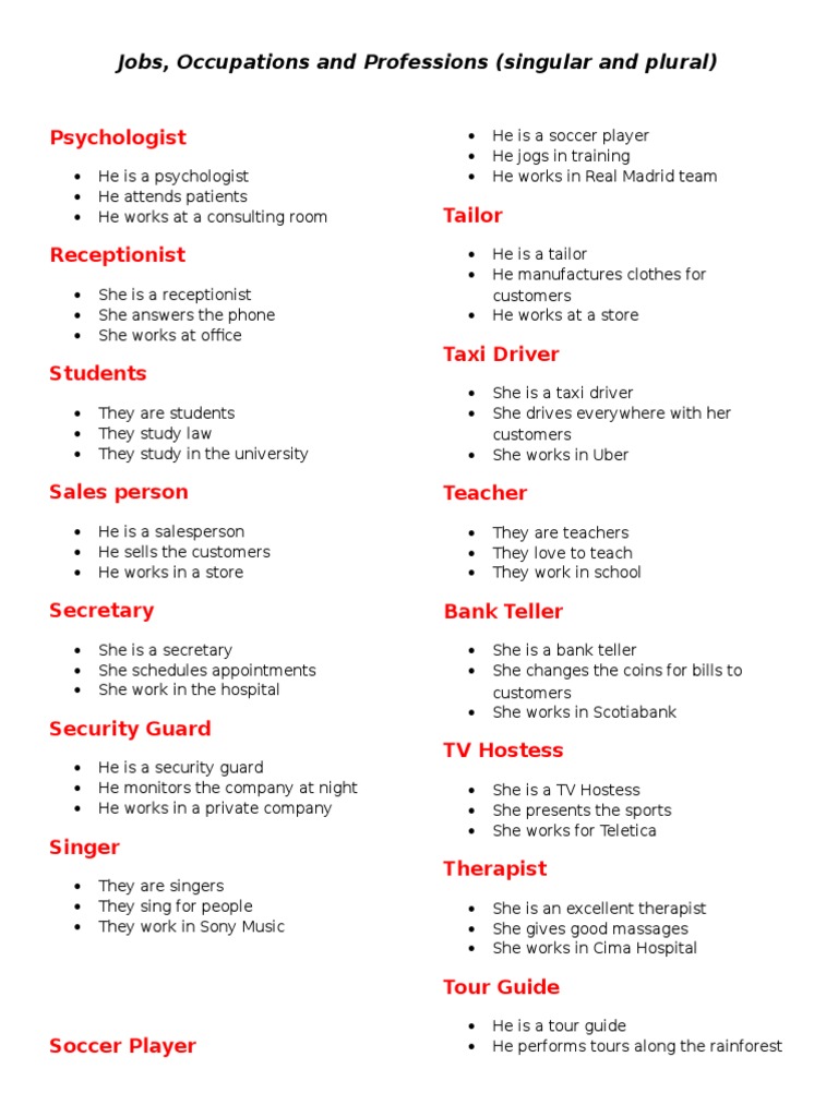 Jobs, Occupations and Professions (Singular and Plural) | PDF | Business