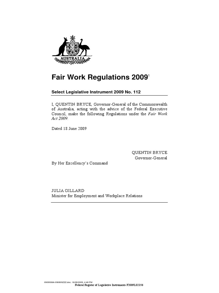 Australia's Fair Work Act 2009 Regulations | PDF | Employment | Contractual Term