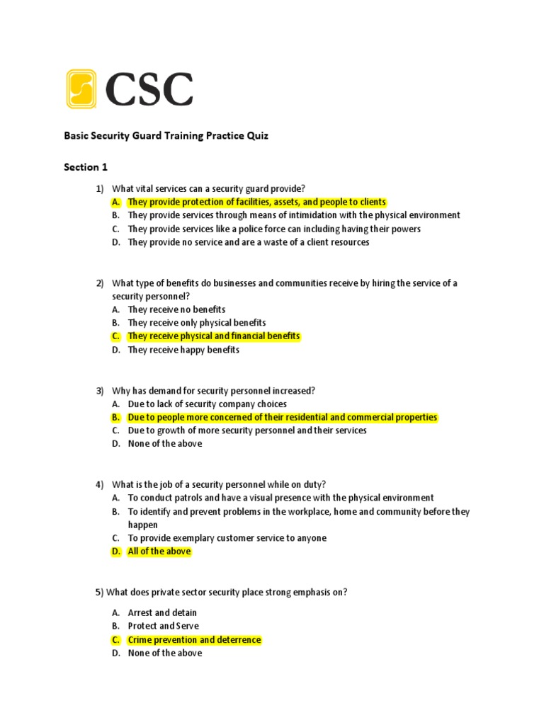 Basic Security Guard Training Practice Quiz | PDF | Security Guard | Court System Of Canada